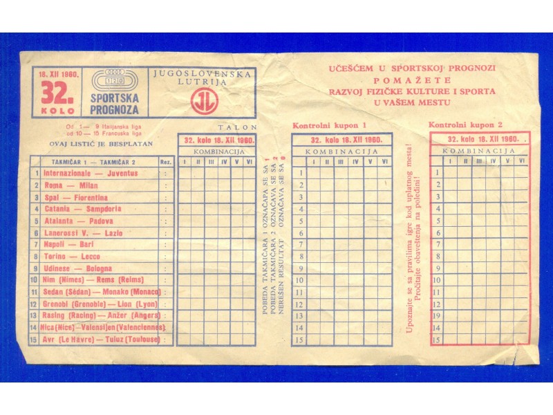 32.Kolo,Sport,Prognoza,Fudbal,Jugoslavija,Lutrija 1960.