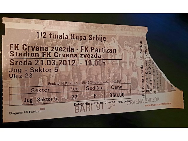 CRVENA ZVEZDA-PARTIZAN Kup ulaznica 21.3.2012.