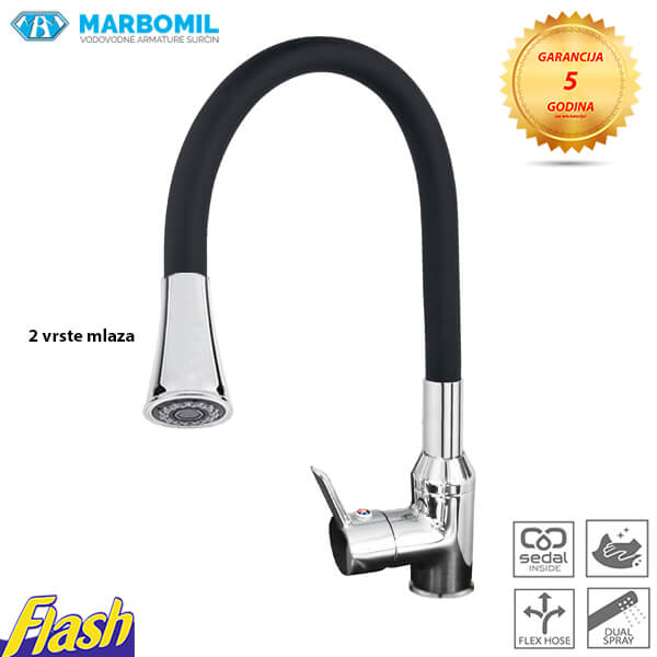 Jednoručna slavina za sudoperu (2 cevi) – Marbomil FLEX – savitljiva (crna)