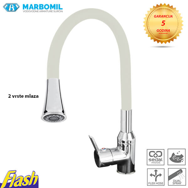 Jednoručna slavina za sudoperu (2 cevi) – Marbomil FLEX – savitljiva (bela)