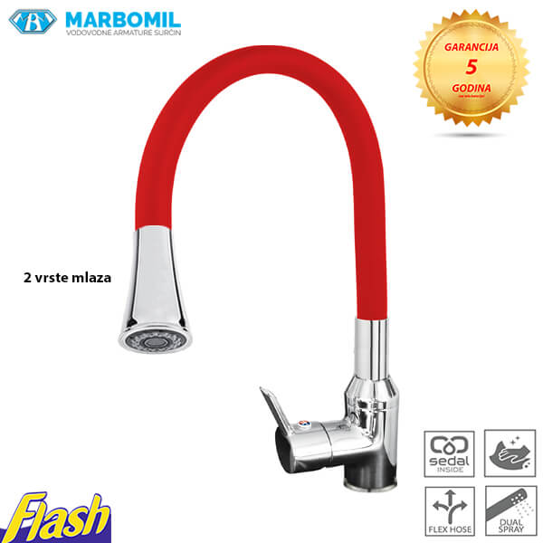 Jednoručna slavina za sudoperu (2 cevi) – Marbomil FLEX – savitljiva (crvena)