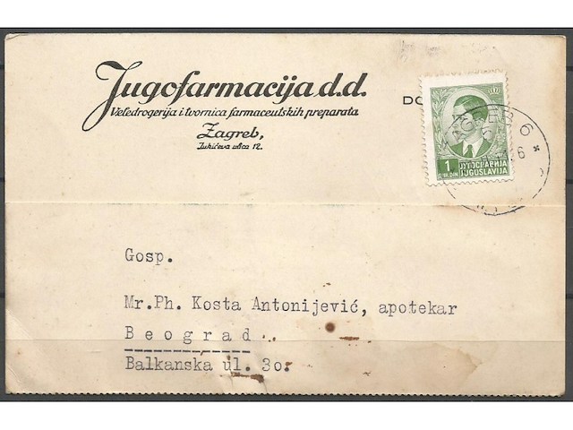 Dopisnica,Jugofarmacija Zagreb 1941.,putovala