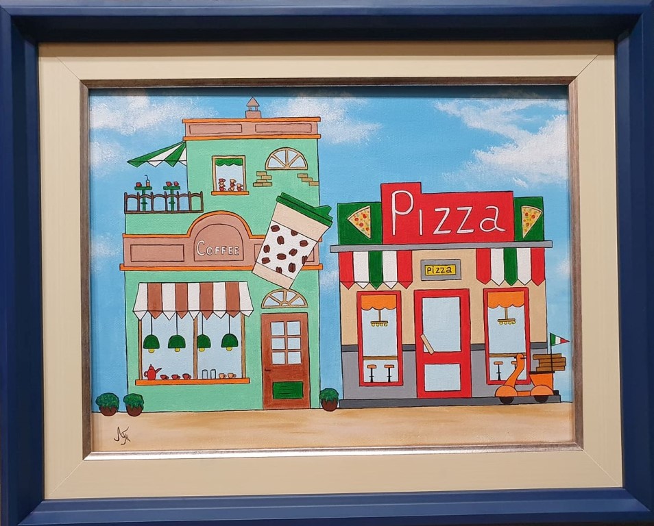 Coffe & pizza, akril na platnu, sa 41×51 cm, bez 30×40 cm, Tijana L. , sertifikat, 60 eura