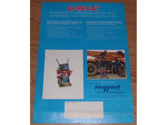 Brošura Agregata Tip 40-25 `Ingrad` Celje Jugoslavija