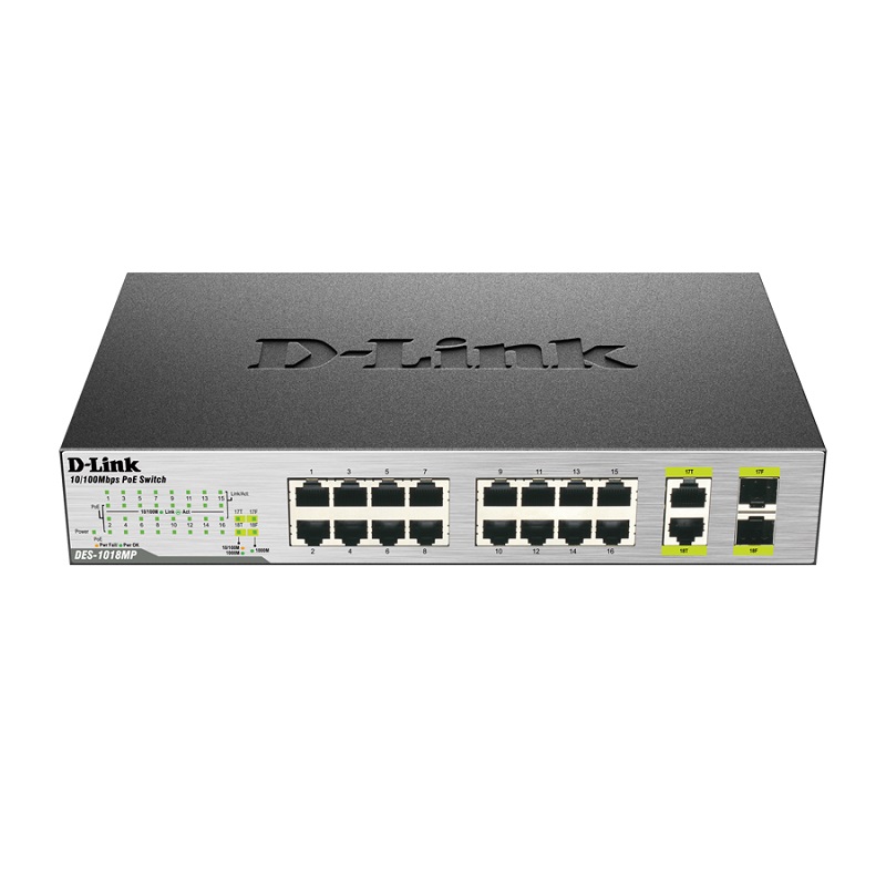 D-Link DES-1018MP PoE svič 16 port 10/100Mb/s PoE 802.3af do 15.4W + 2 Gigabit combo 10/100/1000Base-T / SFP, PoE budžet 246.4W, 7.2Gb/s capacity, 802.3az Energy Efficient Ethernet (EEE), interno ...