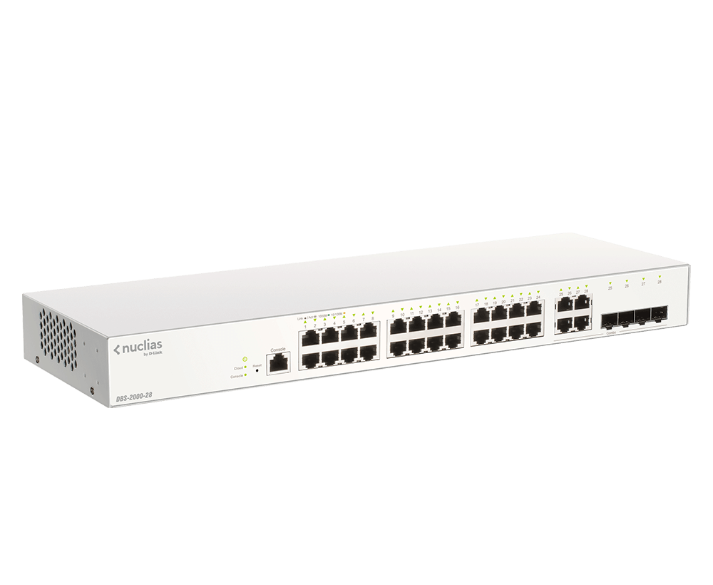 D-Link DBS-2000-28 Nuclias Cloud 28 port Gigabit upravljiv 19"/1U rackmount svič, 24xRJ-45+4xCombo RJ-45/SFP, Zero-touch provisioning, Voice VLAN, 802.3az EEE, bez ventilatora