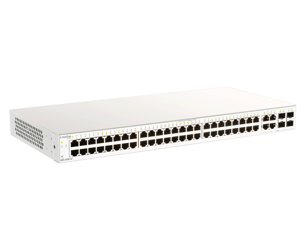 D-Link DBS-2000-52 Nuclias Cloud 52 port Gigabit upravljiv 19"/1U rackmount svič, 48xRJ-45+4xCombo RJ-45/SFP, Zero-touch provisioning, 16K MAC, Voice VLAN, 802.3az EEE, bez ventilatora