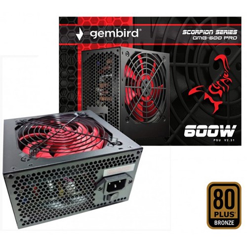 Gembird 600W 80+ BRONZE, PFC,12cm FAN, 20+4pin, 2x4pin,2x 6+2pin, 5xSATA,2xIDE | GMB-600-PRO