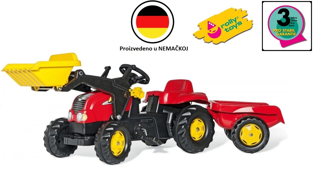 Traktor Rolly kid sa utovarivačem i prikolicom, crveni