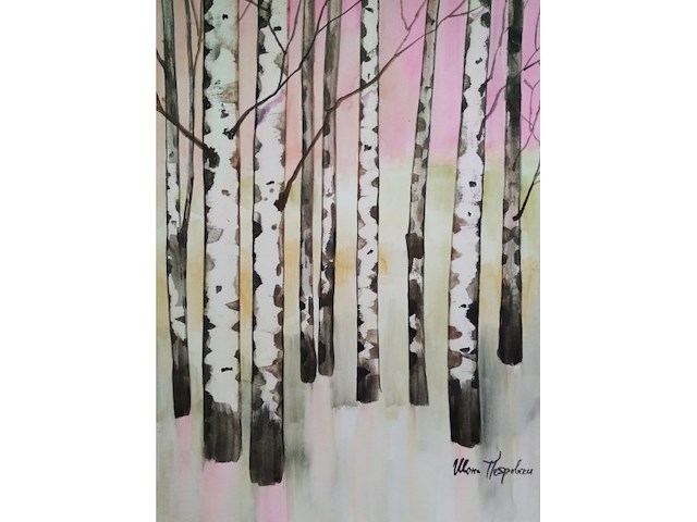 Akvarel breze, pejzaz,   Petrovski