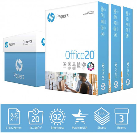 HP Printer Paper 8.5x11 Office 20 lb 3 Ream Case 1500 Sheets 92 B