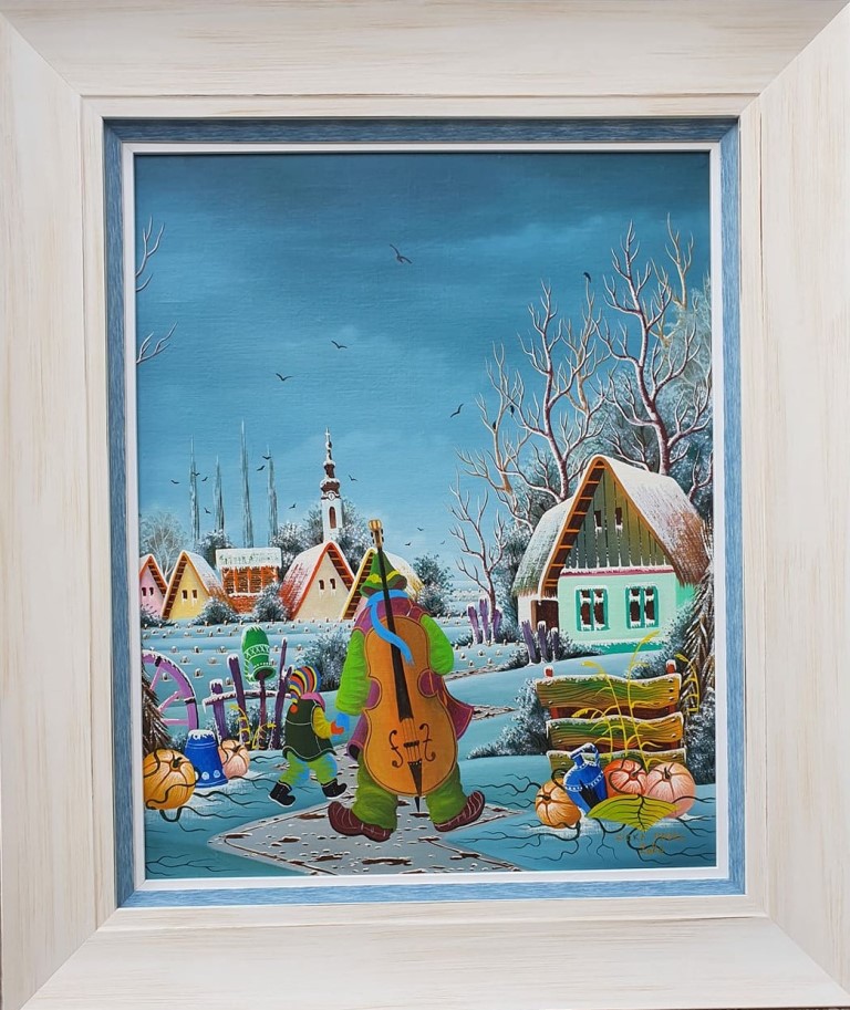 Muzičar, Pavel Cicka, Naiva Kovačica, ulje na platnu kaširano na lesonit, uramljena, sa 66×56 cm, bez 50×40 cm, sertifikat, 600 eura