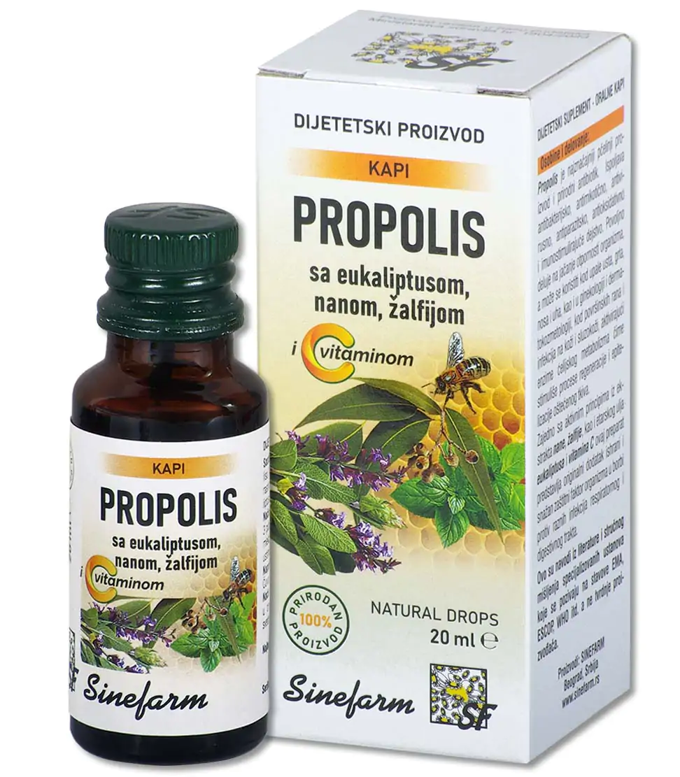 Propolis kapi sa nanom, žalfijom, eukaliptusom
i C vitaminom-20 ml-e