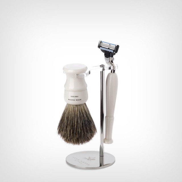 ACCA KAPPA SHAVING SET DESIGN RESINA WITH STAND – IVORY – PURE BADGER – “MACH 3” RAZOR – SET ČETKA ZA BRIJANJE OD ČISTE DLAKE JAZAVCA I MACH 3