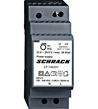 Jednofazno napajanje, stabilisano, 230/24VDC, 1,5A
electronic power supply, housing for DIN rail mounting, Reiheneinbaugerät