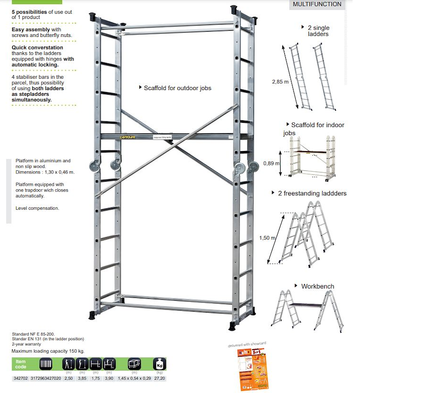 Aluminijumska skela radnav.3.7m/merdevina,radnav 4.2m/ 5u1 Centaure Multi Plus