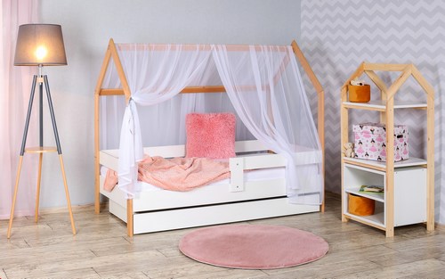 Domek krevet kućica sa fiokom i dušekom – bela (bukva)