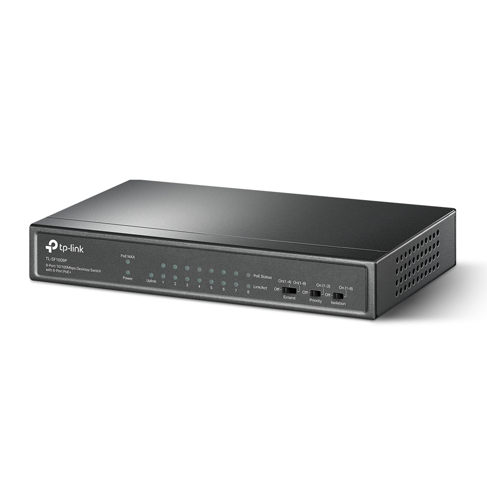 TP-Link TL-SF1009P desktop PoE svič 9-port 10/100Mb/s, 8 x PoE+ porta 802.3af/at do 65W (do 30W po portu), Extend Mode - do 250m dometa, idealan za IP video-nadzor, Priority Mode, Isolation Mode, ...