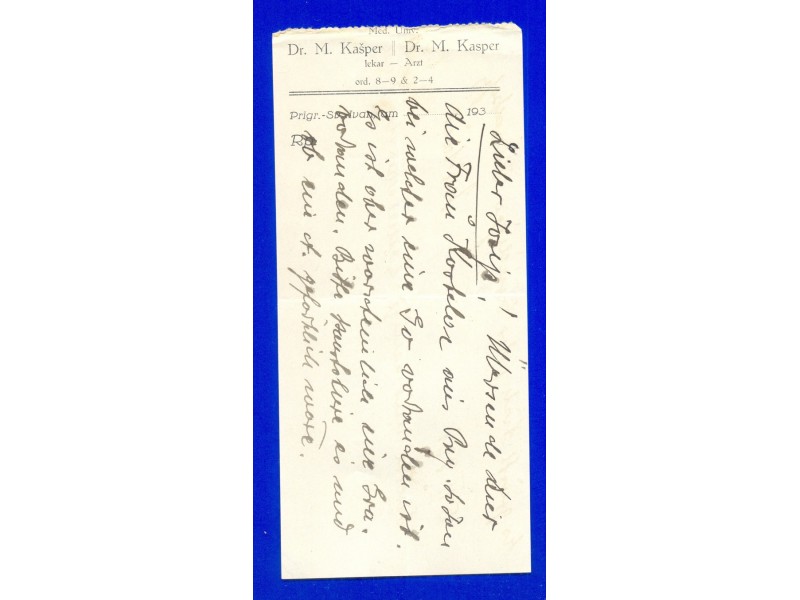 Lekarski Recept Dr. M. Kašper-Kasper,Prigrevica 1931.