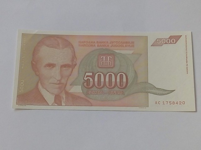 5000 Dinara 1993.g - SRJ - Nikola Tesla - LEPA -