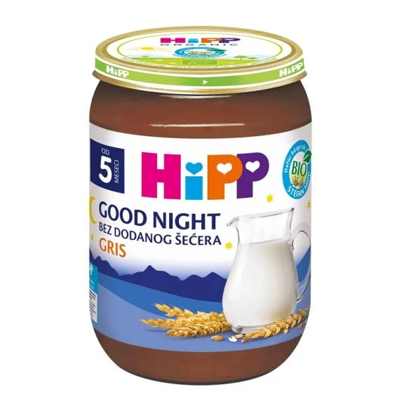 Hipp mlečna kašica za laku noć pšenični griz kašica 190gr
