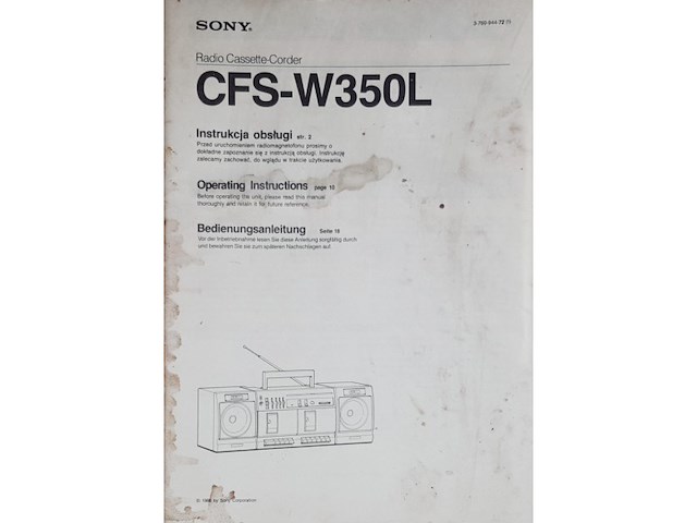 Uputstvo Za Radio Kasetofon `SONY` CFS-W350L