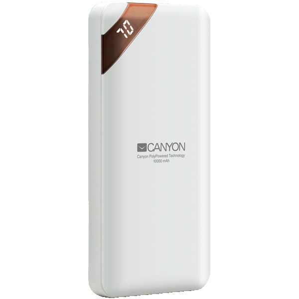 CANYON PB-102 Power bank 10000mAh Li-poly battery, Input 5V2A, Output 5V2.1A(Max), with Smart IC and power display, White, USB cable length 0.25m, 137*67*13mm, 0.230Kg ( CNE-CPBP10W )