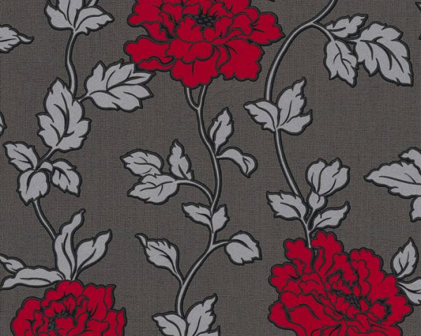 A.S. Création Wallpaper «Flowers, Black, Metallic, Red, Silver» 366957