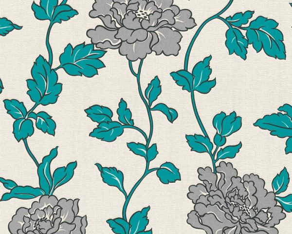 A.S. Création Wallpaper «Flowers, Blue, Cream, Metallic, Silver» 366955