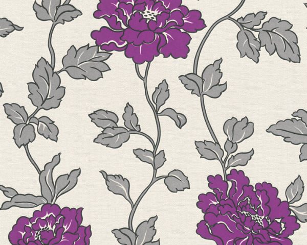 A.S. Création Wallpaper «Flowers, Cream, Metallic, Purple, Silver» 366954