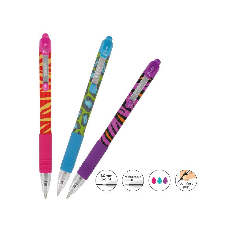 Hemijska olovka Zebra Z-Grip Animal Funky Brights 1,0-3/set (Ink- Blue, Pink, Purple) 02433/ 5024475024335