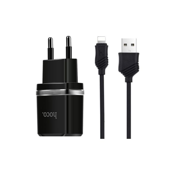 HOCO SET C12 SMART DUAL USB KUĆNI PUNJAČ 2,4A CRNI SA LIGHTING KABLOM