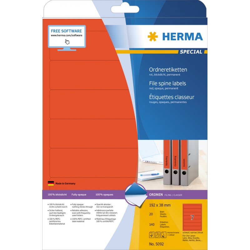 Etikete 192x38, za uski registrator A4/7 1/20 crve Herma