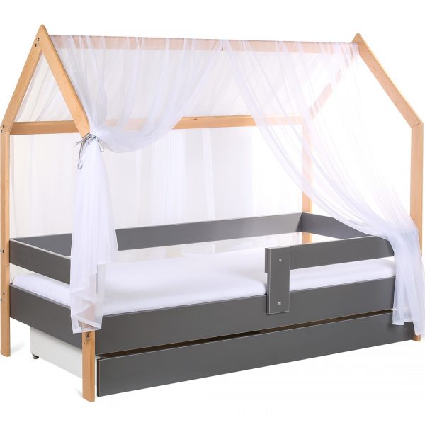 Domek krevet kućica sa fiokom i dušekom – sivi (bukva)