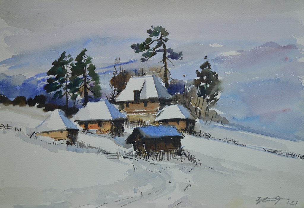 Zima na Zlatiboru, Đorđe Stanić, akvarel na papiru, 37×56 cm, sertifikat, 100 eura