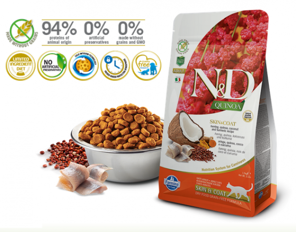 N&D Suva hrana Cat Quinoa Skin&Coat, Herring, Coconut-Curcuma 1,5kg