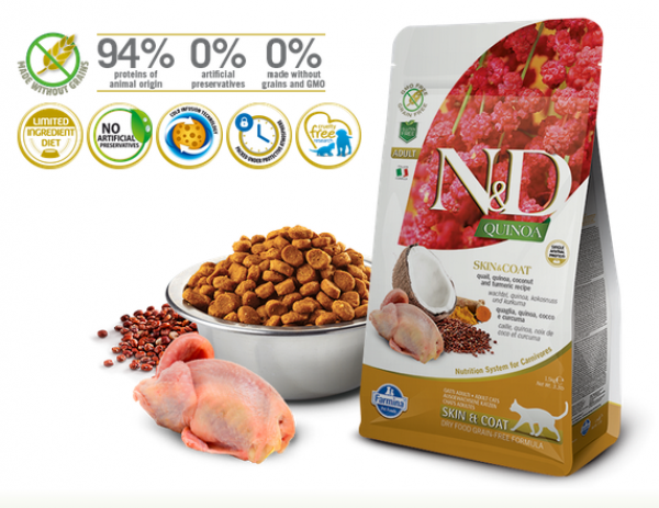 N&D Suva hrana Cat Quinoa Skin&Coat, Quail, Coconut-Curcuma 1,5 kg