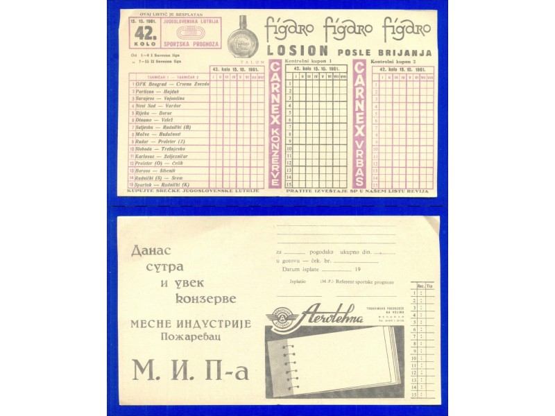 42.Kolo,Sport,Prognoza,Fudbal,Jugoslavija,Lutrija 1961.