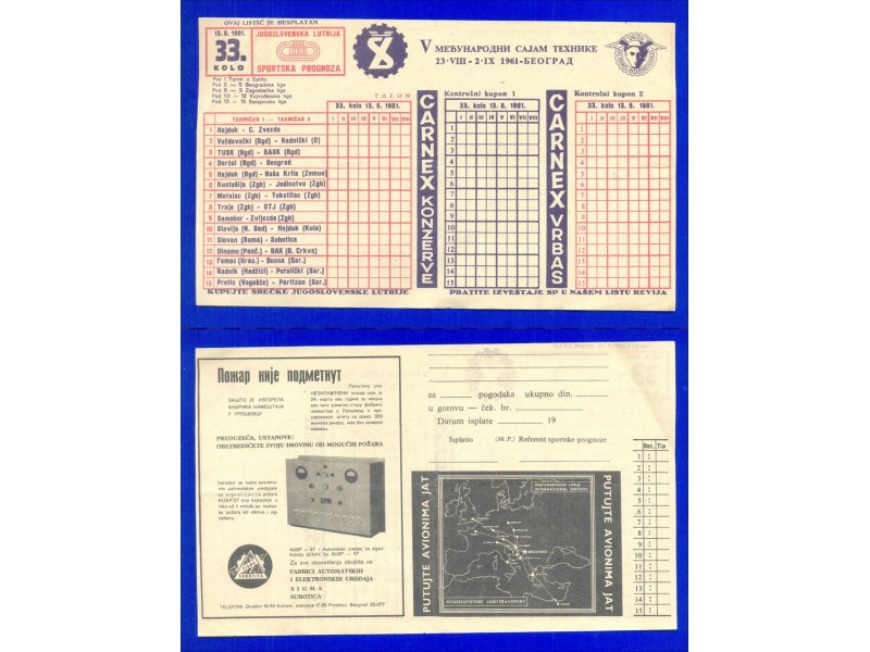 33.Kolo,Sport,Prognoza,Fudbal,Jugoslavija,Lutrija 1961.