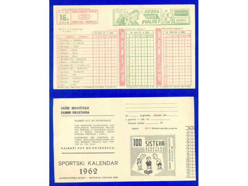 16.Kolo,Sport,Prognoza,Fudbal,Jugoslavija,Lutrija 1962.