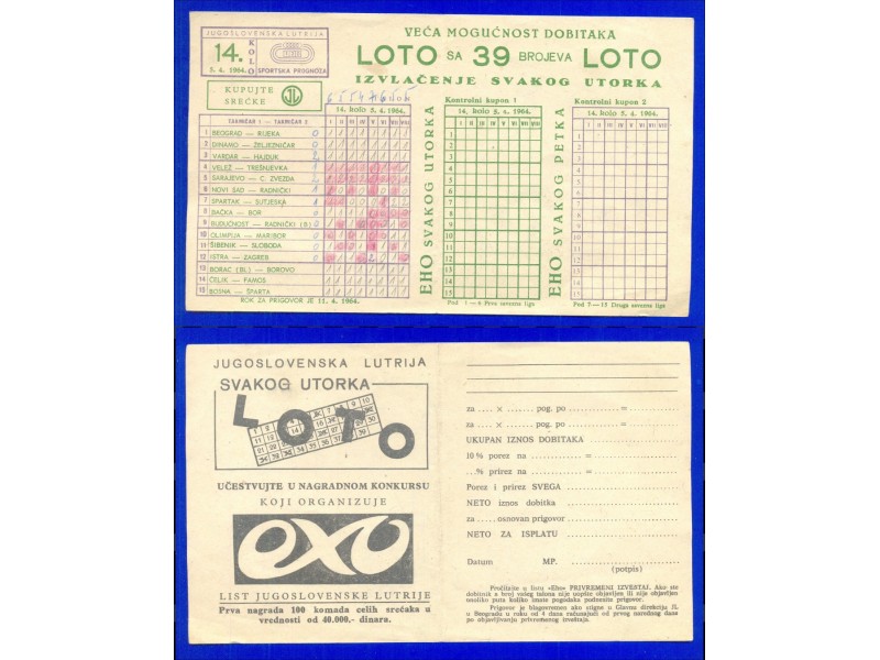 14.Kolo,Sport,Prognoza,Fudbal,Jugoslavija,Lutrija 1964.