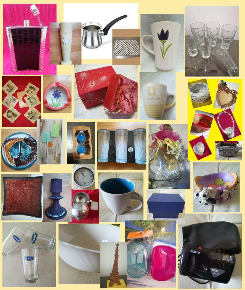 Razne stvari za kuću, sat, vaze, tanjiri ukrasni, čaše, šolje