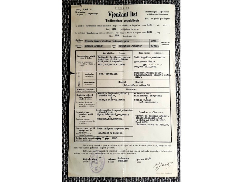 Vjencani List iz 1935 god.