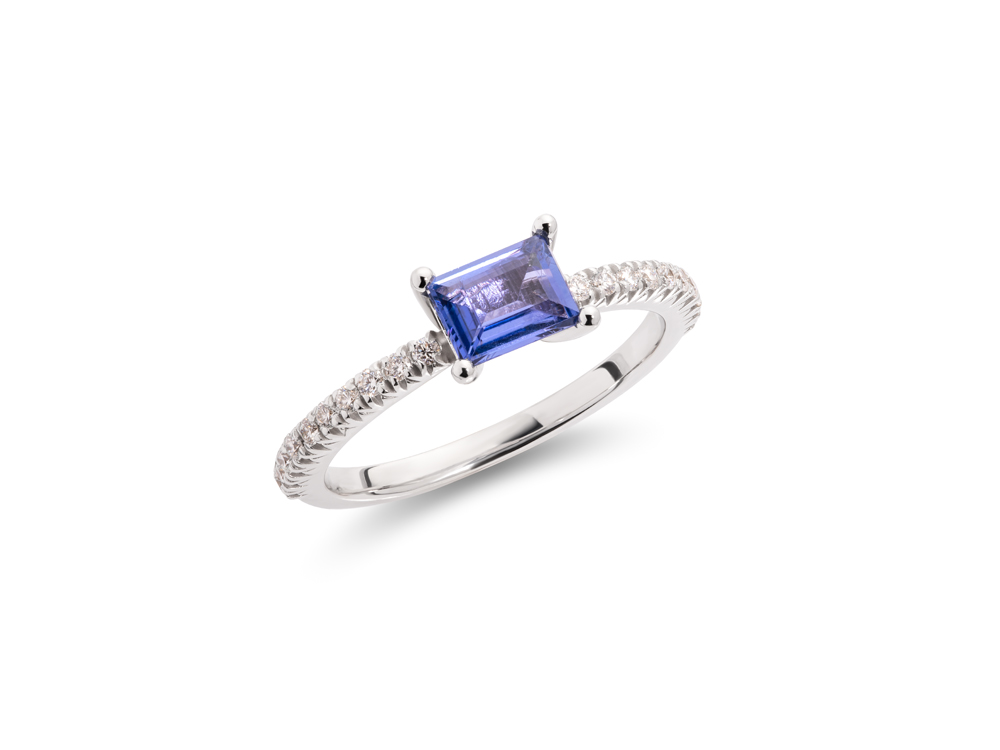 Zlatni prsten Emerald cut plavi safir i dijamanti