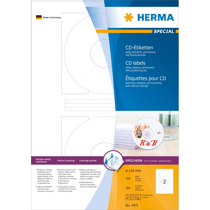 Etikete za CD 116 A4/2 1/100 bela Herma