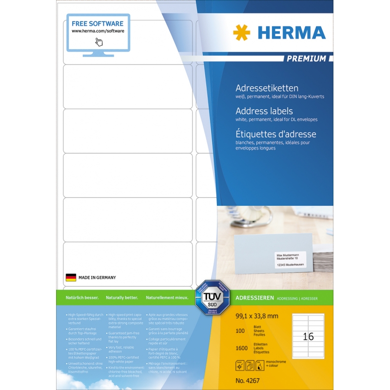 Etikete 99X33, zaobljene ivice A4/16 1/100 bela Herma