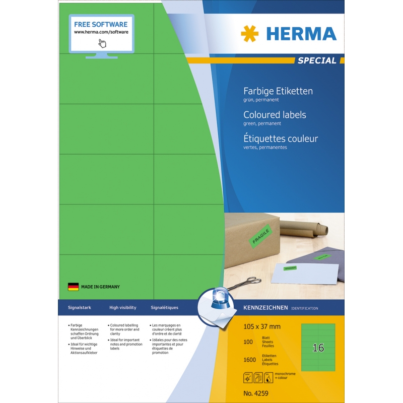 Etikete 105X37 A4/16 1/100 zelena Herma