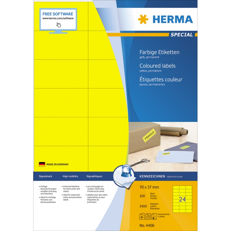 Etikete 70X37 A4/24 1/100 žuta Herma