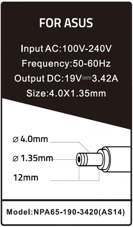 NPA65-190-3420 (AS14) ** Gembird punjac za laptop 65W-19V-3.42A, 4.0x1.35mm black (655)