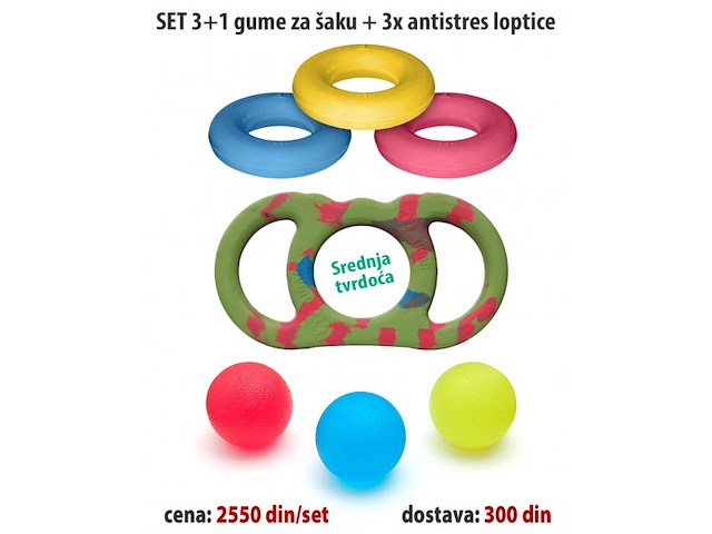 SET 3+1 gume za šaku + 3x antistres loptice